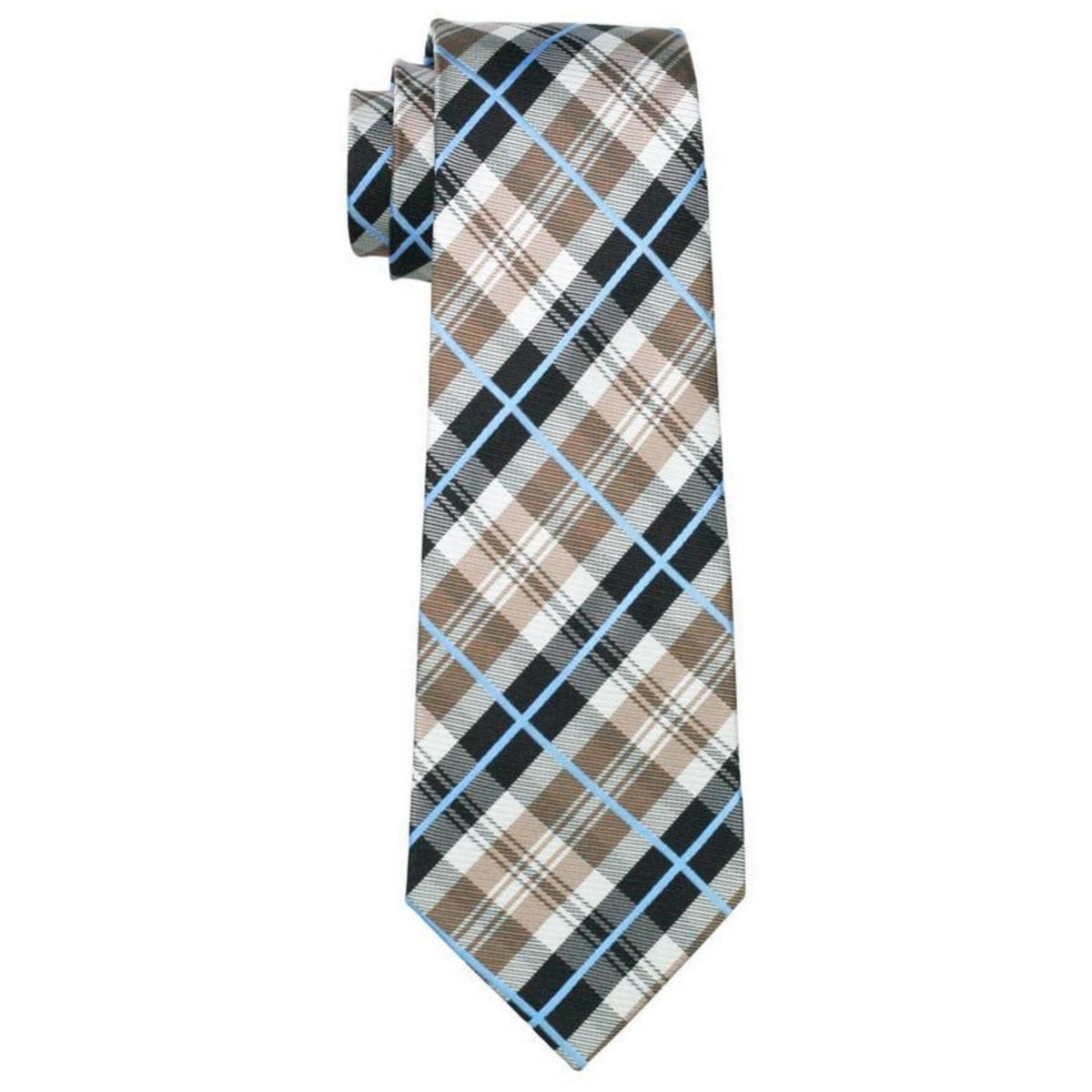 Men's Brown, Black And White Plaid 100% Silk Neck Tie With Matching Ha ...